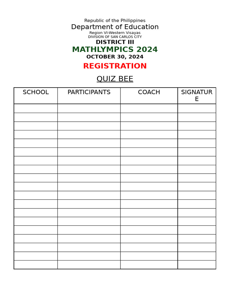 Registration Form For Mathlympics 2024 | PDF | Philippines | Government Related Organizations
