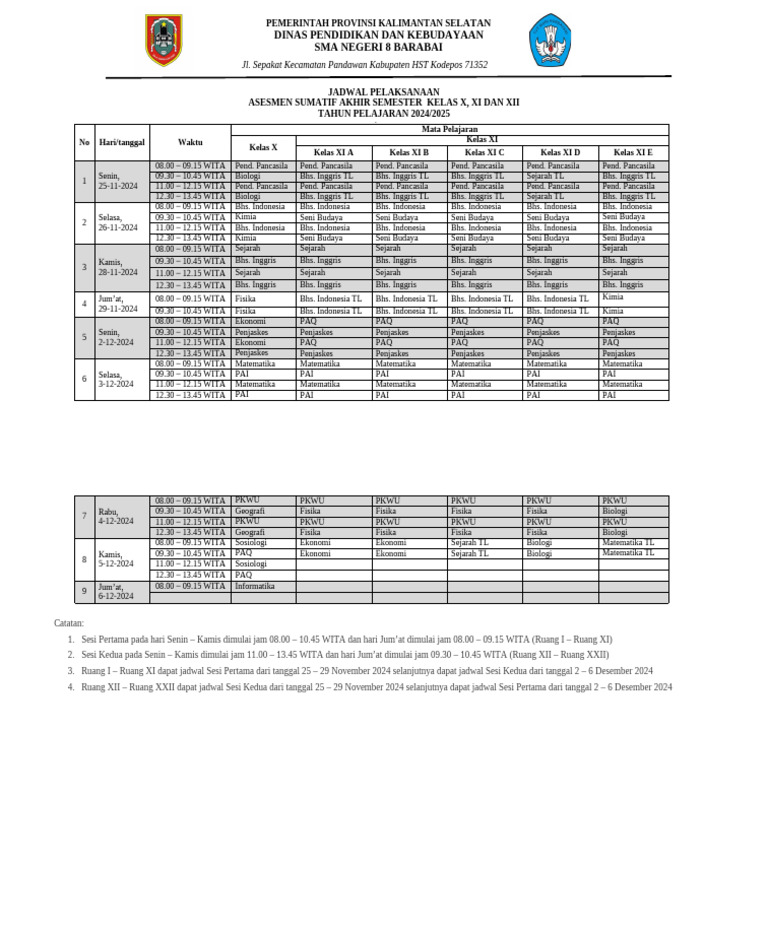 JADWAL ASAS 2024-2025 X Dan XI Edit | PDF