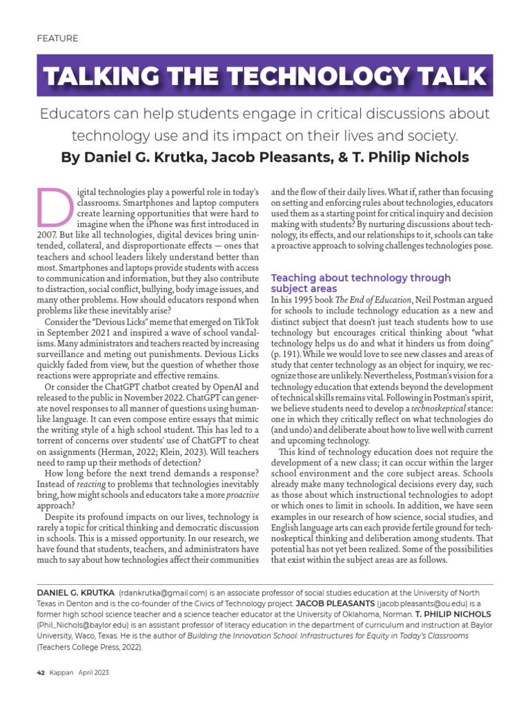 2023 - Talking The Technology Talk | PDF | Teachers | Critical Thinking