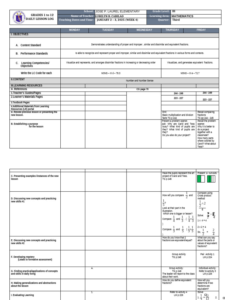 DLL_MATHEMATICS 3_Q3_W4 | PDF | Learning | Teachers