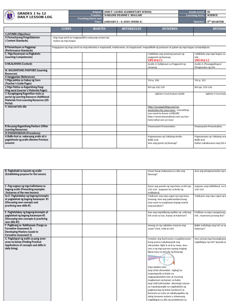 DLL - Science 3 - Q3 - W4 | PDF