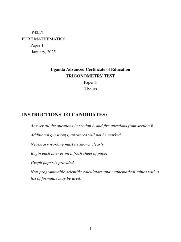Trigonometry Test Paper - A-Level Uganda | PDF | Trigonometry ...