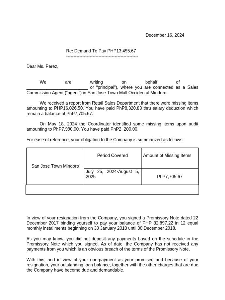 Demand Letter To Ms. Perez | PDF | Loans | Promissory Note
