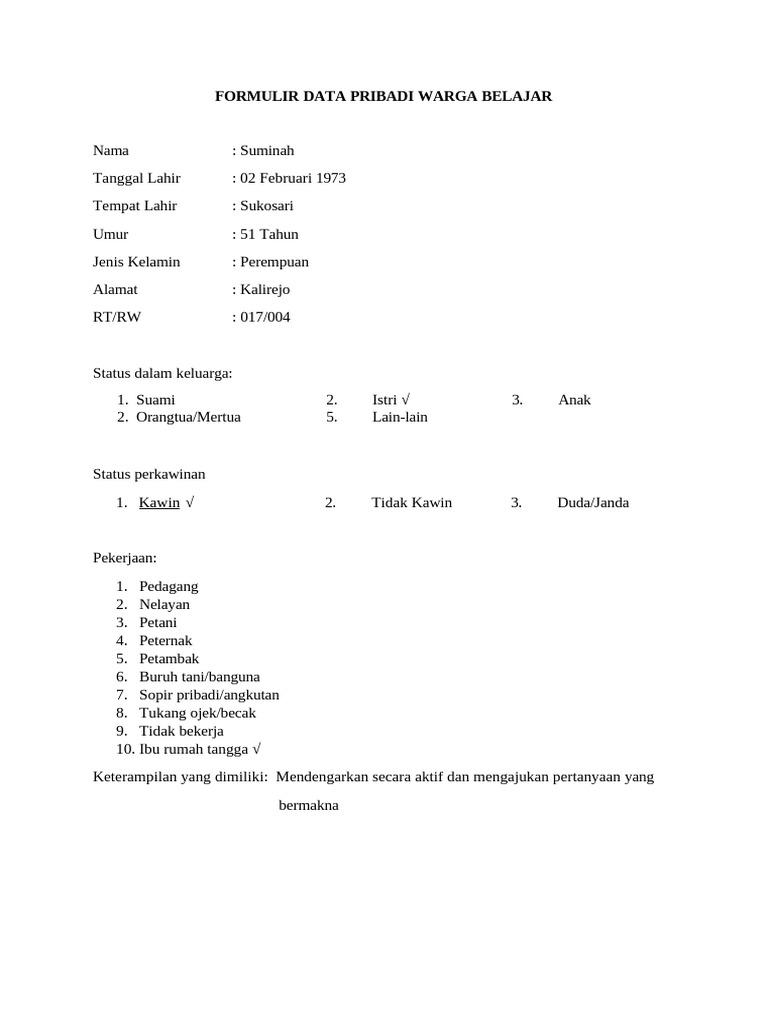Data Pribadi Warga Belajar Kalirejo | PDF