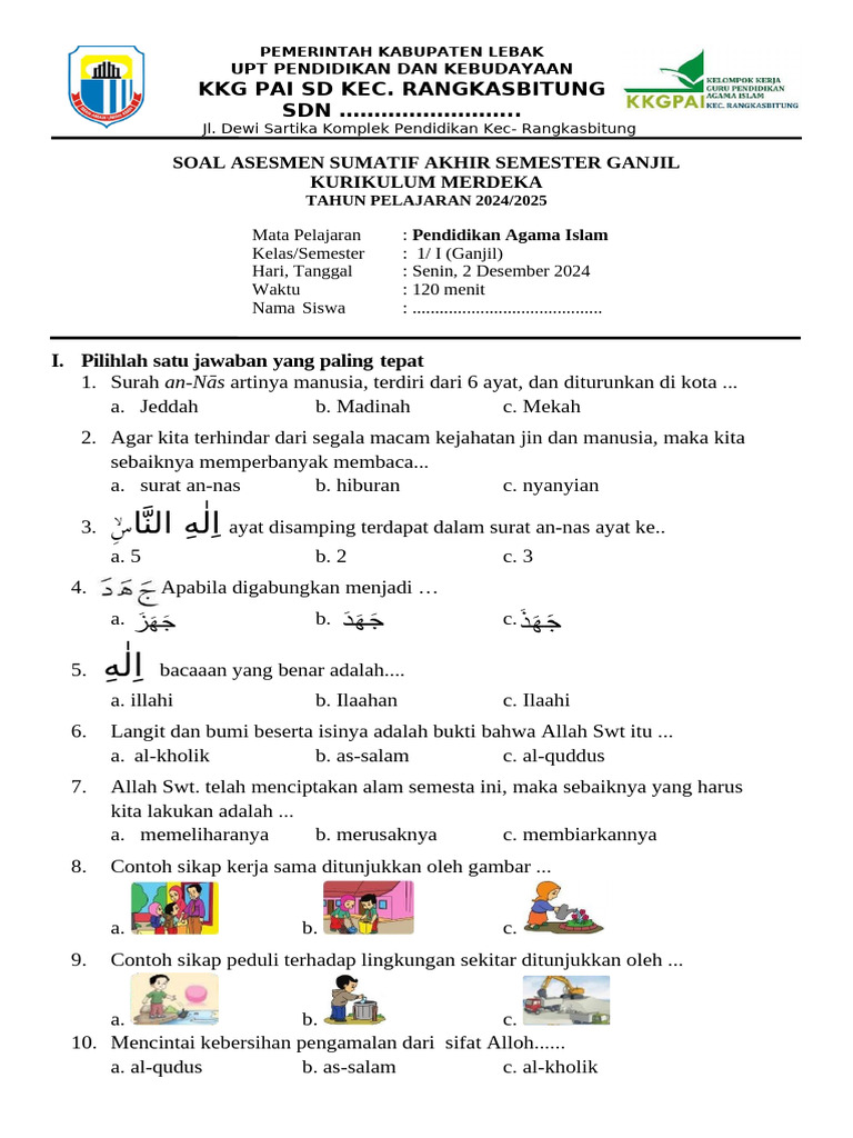 Soal Sas Ganjil Pai Kelas 2 KKG RKS 2024 | PDF