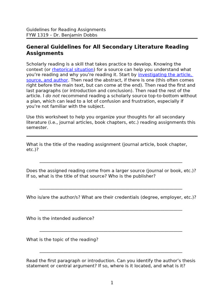 Guidelines for Reading Assignments | PDF | Argument