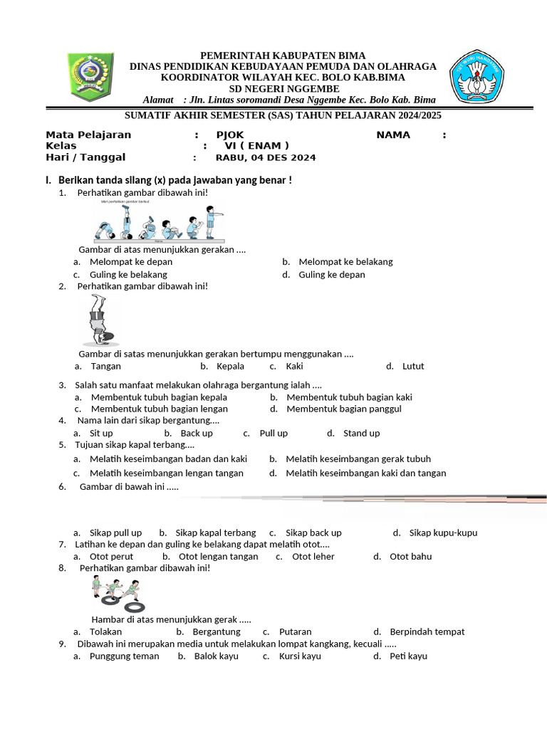 Soal PTS 2 PJOK Kelas 6 K13 | PDF