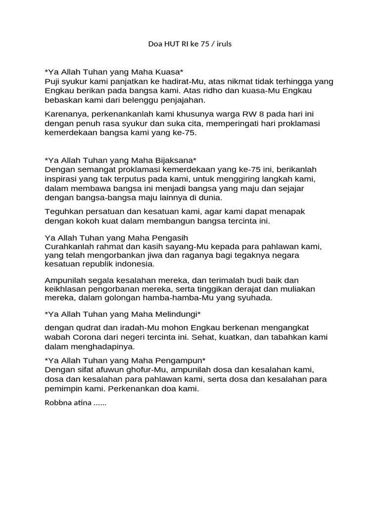 Doa HUT RI Ke 75 | PDF