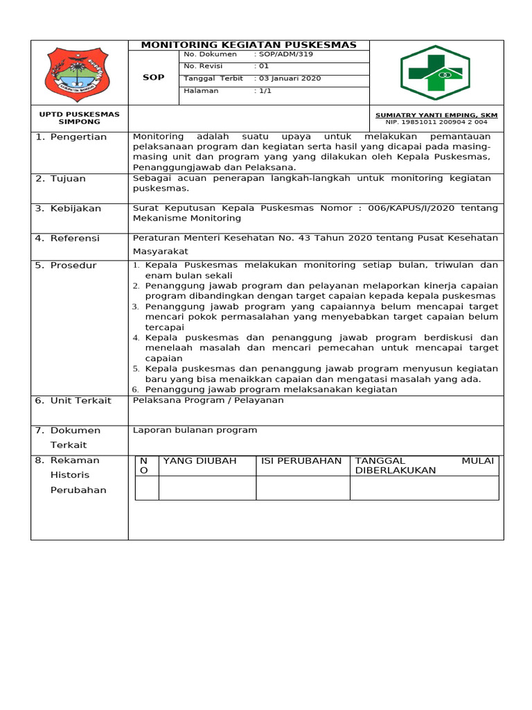 1.1.5.1 SOP Monitoring Pelaksanaan Kegiatan Program Oleh Kapusk FIX | PDF