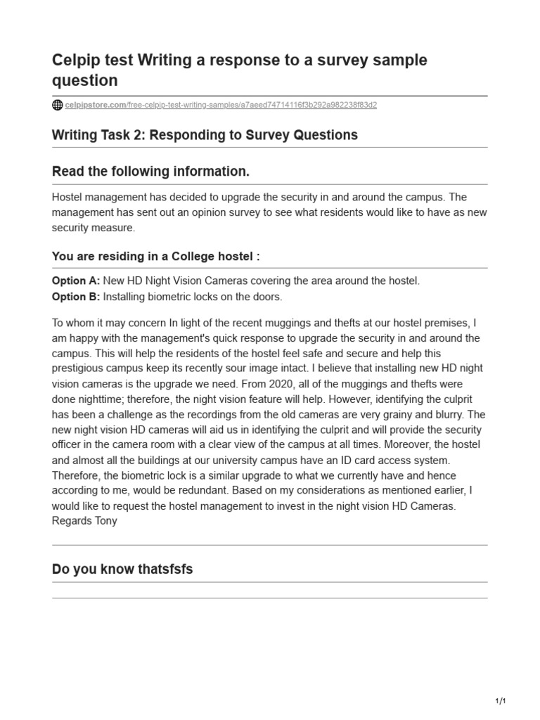 Celpip Test Writing A Response To A Survey Sample Question | PDF