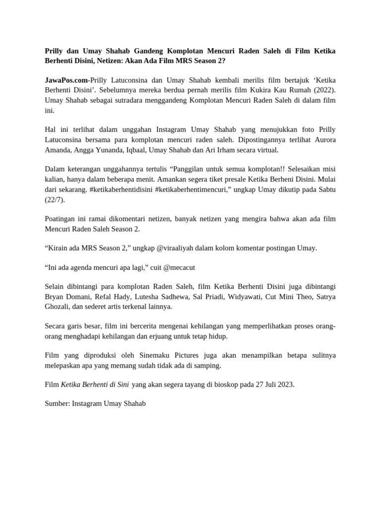Prilly dan Umay Shahab Gandeng Komplotan Mencuri Raden Saleh di Film Ketika Berhenti Disini | PDF