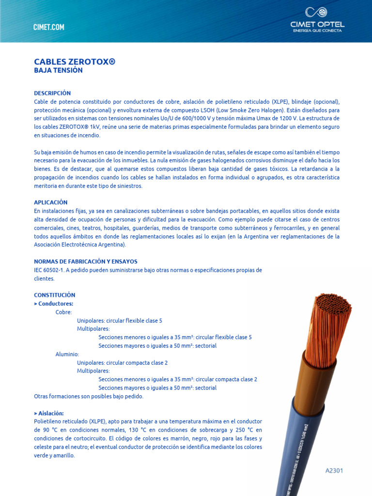 CIMET OPTEL Hoja Técnica 43 ZEROTOX BT IEC 60502 1 A2301 | PDF | Cobre | Conductor electrico
