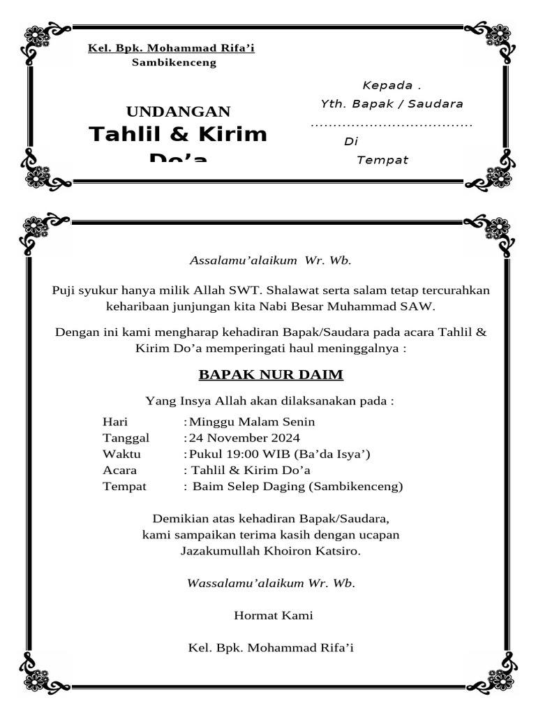 Undangan Tahlil Haul Bapak Nur Daim | PDF