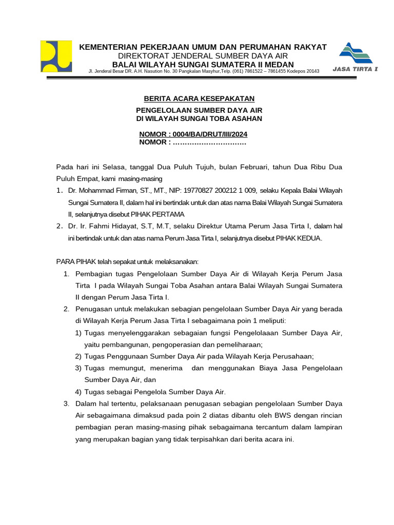 BERITA ACARA KESEPAKATAN PENGELOLAAN SDA BWS SUMATRA DAN PJT - Rev DH | PDF