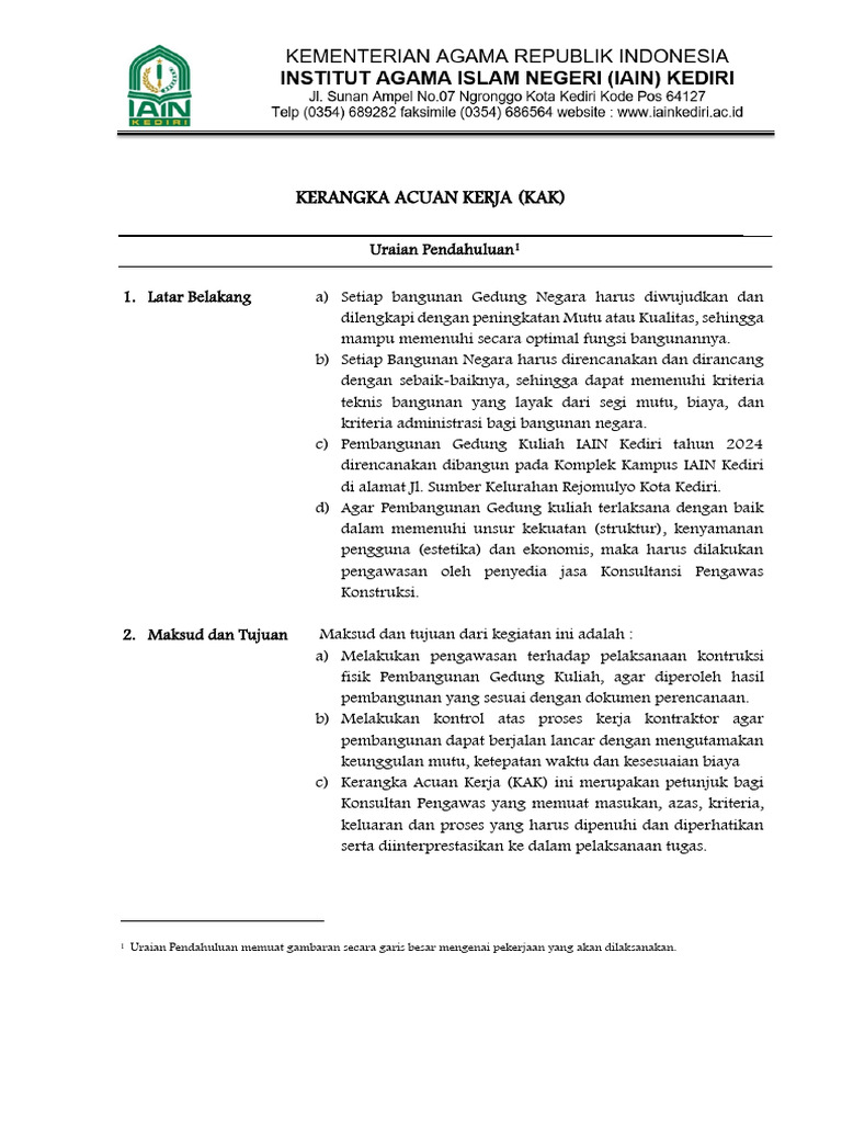 KAK Pengawasan Pembangunan Gedung Kuliah IAIN Kediri Tahun 2024 | PDF