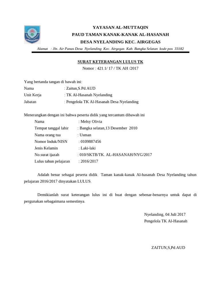 SURAT KETERANGAN Lulus TK | PDF