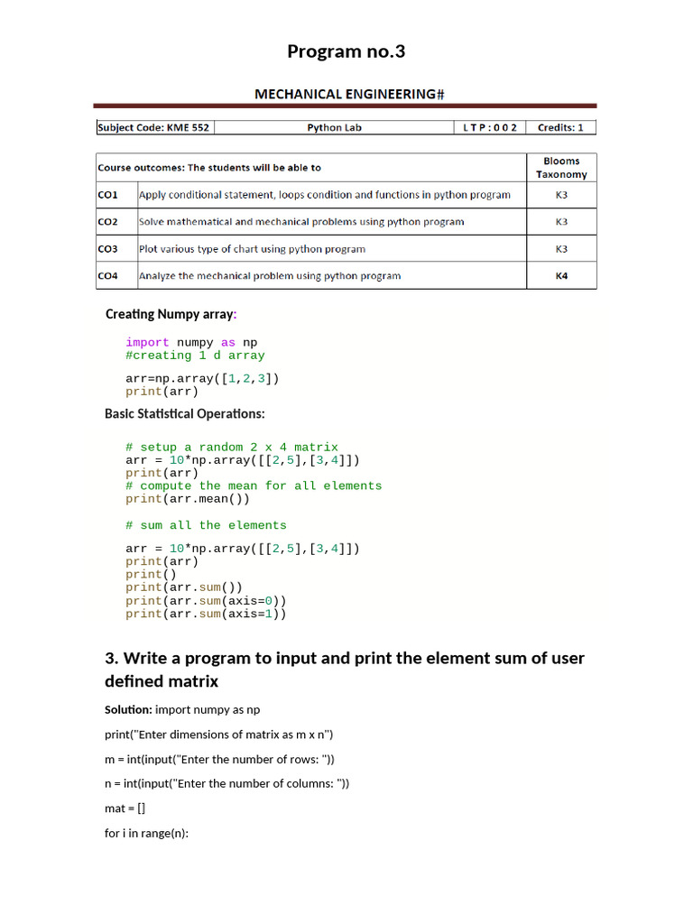 Numpy Array Creation & Sum Operations | PDF