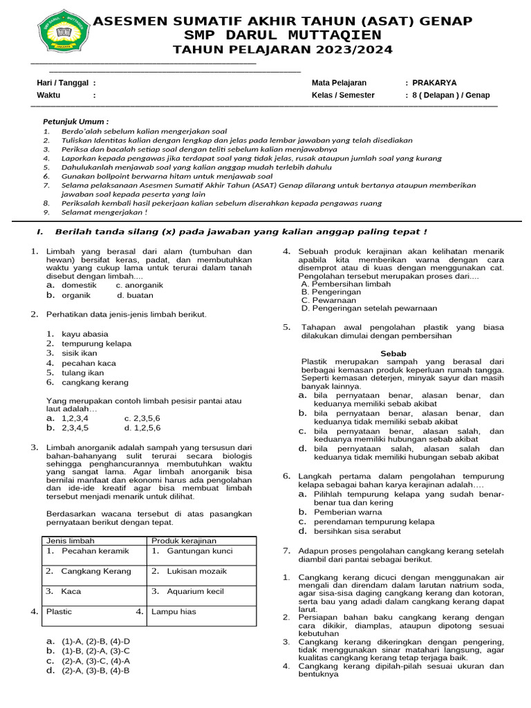 SOAL ASAT PRAKARYA KELAS 8_2024 | PDF