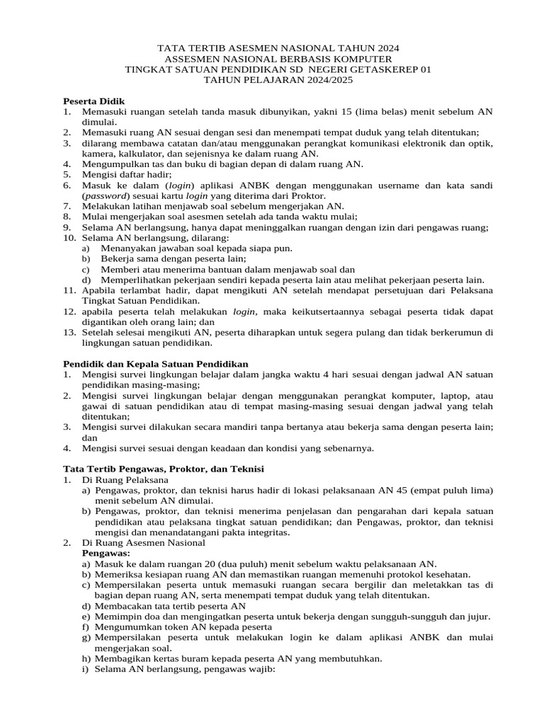 8. Tata Tertib Peserta, Pengawas, Proktor, dan Teknisi ANBK Tahun 2021 (1) | PDF
