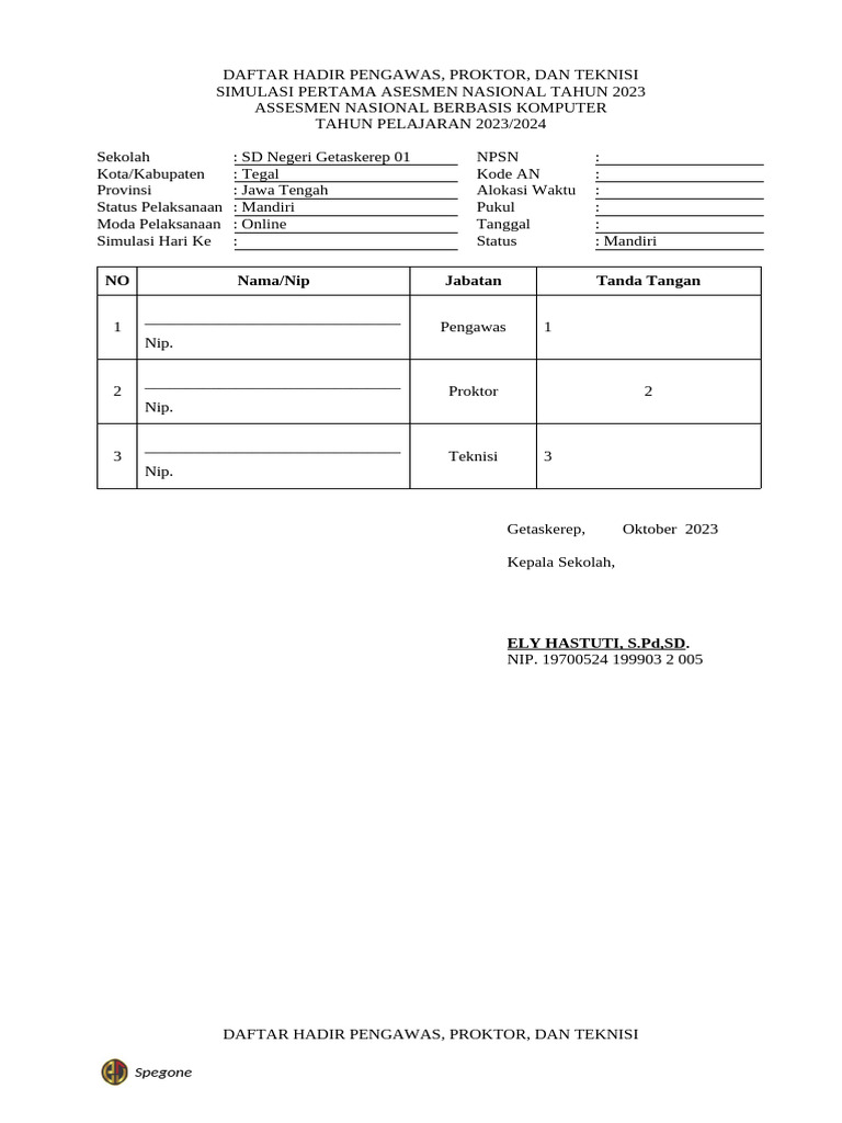 Daftar Hadir Pengawas, Proktor, Teknisi ANBK Tahun 2021 | PDF