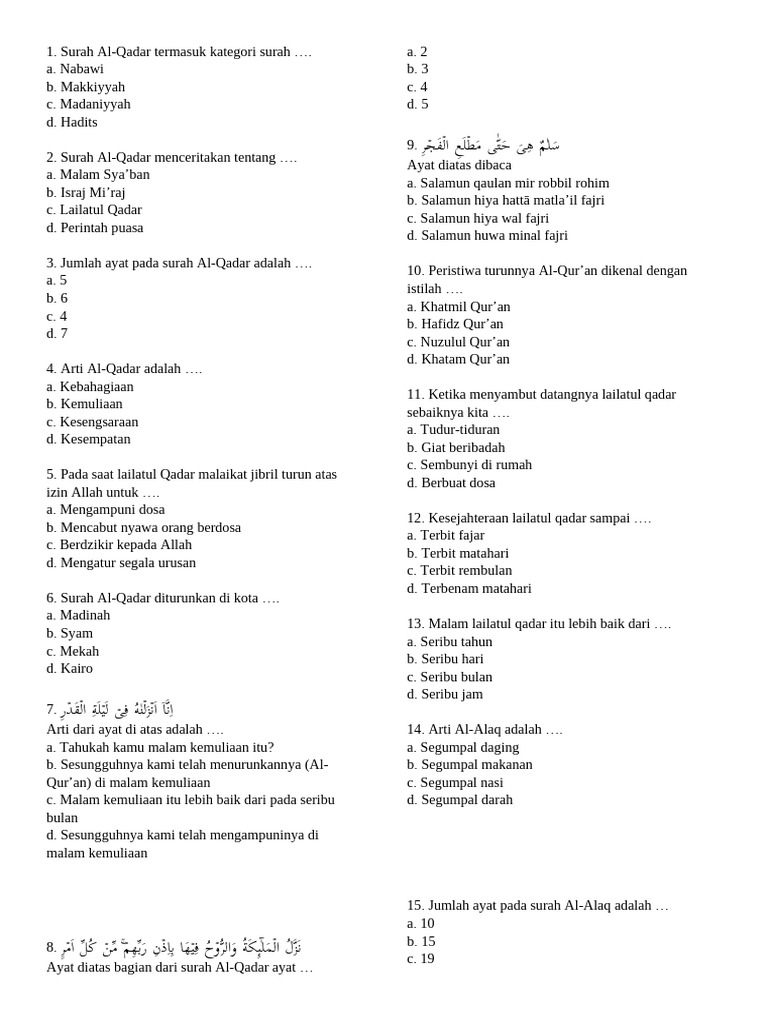 Bank Soal 6a Al Quran Hadist 01 | PDF