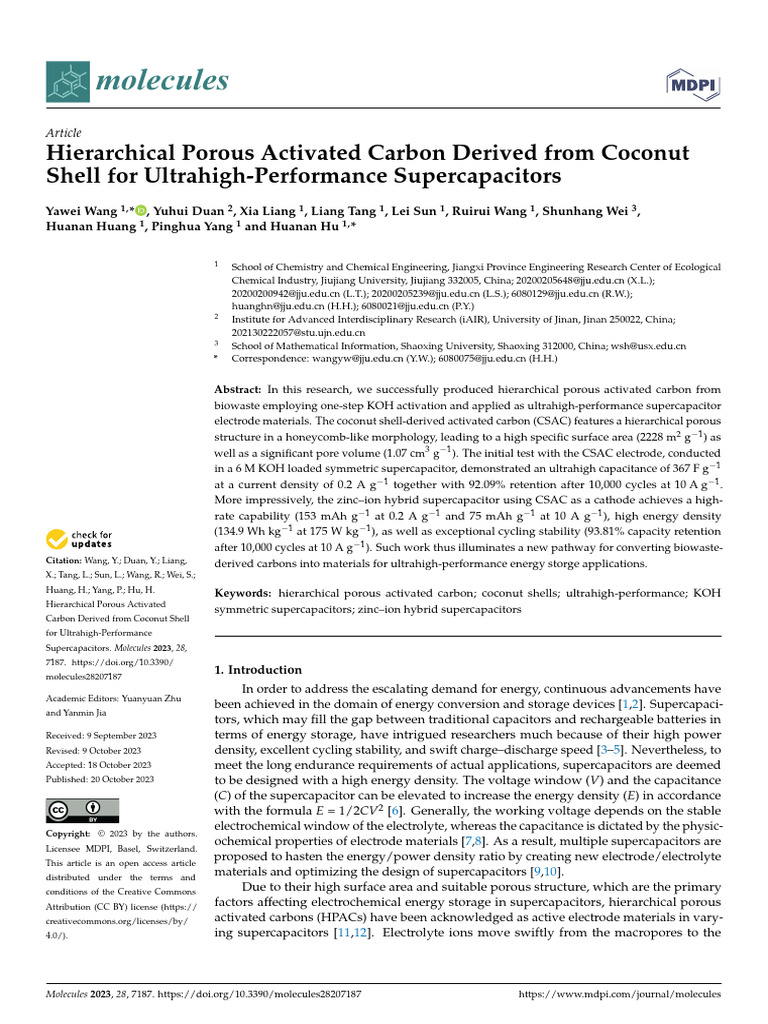 Hierarchical Porous Activated Carbon Derived From Coconut Shell For Ultrahigh-Performance ...