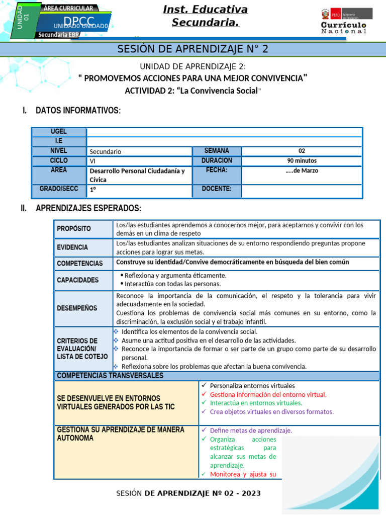 1º DPCC Ses Act. 02 Uni 01 - 2023 | PDF | Aprendizaje | Evaluación