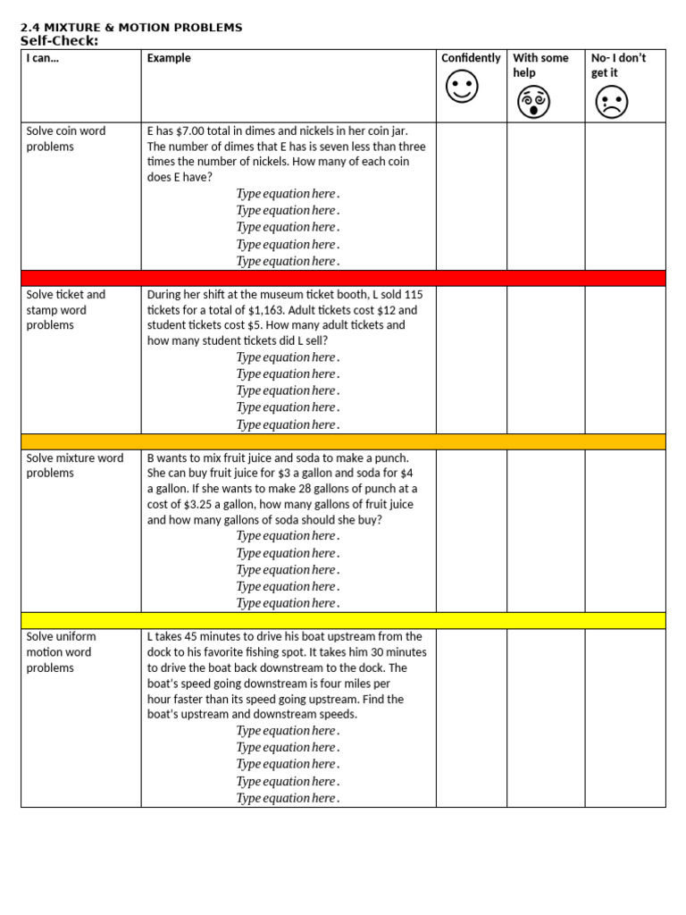 2-4 MIXTURE & MOTION WORD PROBLEMS | PDF | Equations | Speed