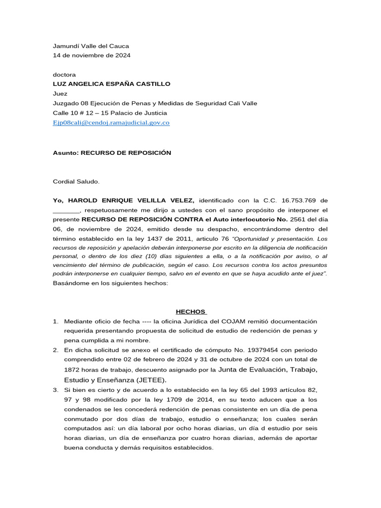 Modelo de Recurso de Reposicion | PDF | Justicia | Crimen y violencia