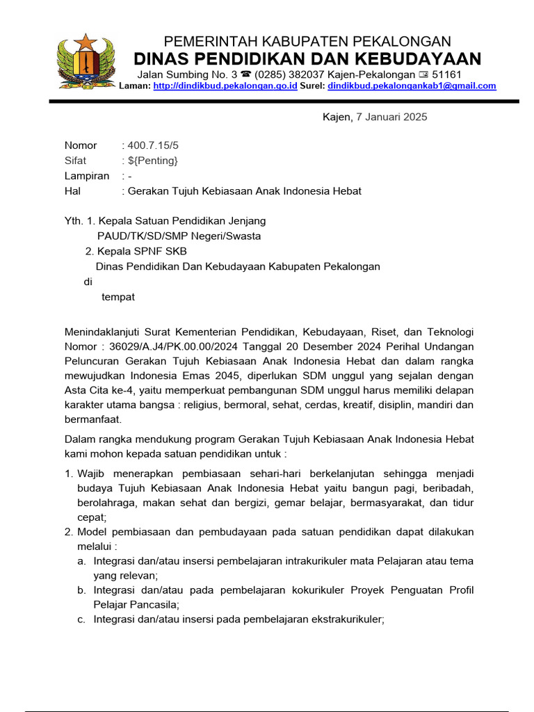 Surat Edaran Gerakan 7 Kebiasaan Anak Indonesia Hebat | PDF