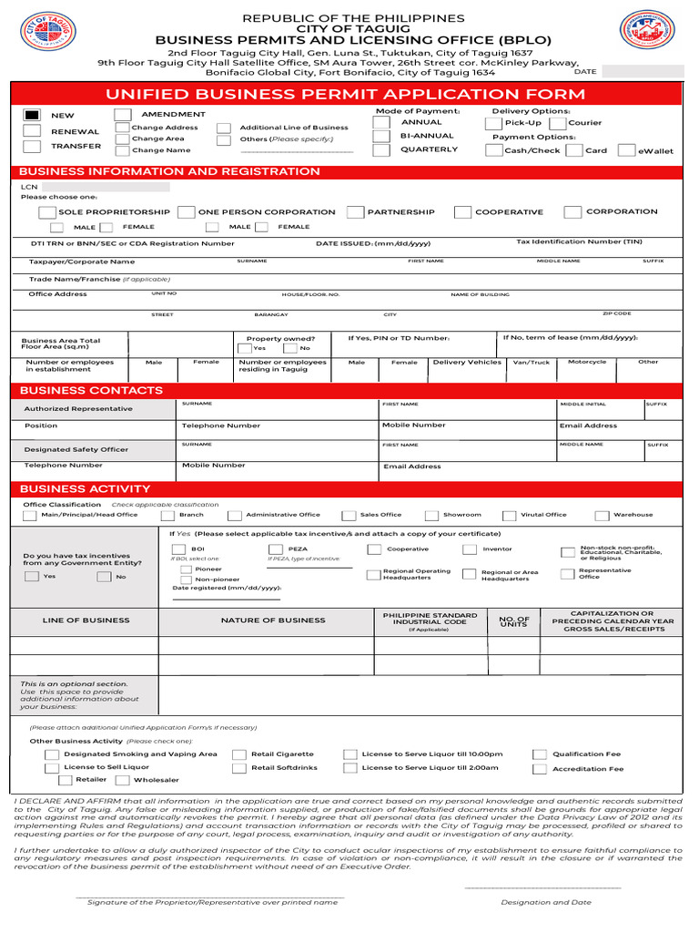 Taguig Unified Application Form | PDF | Regulatory Compliance