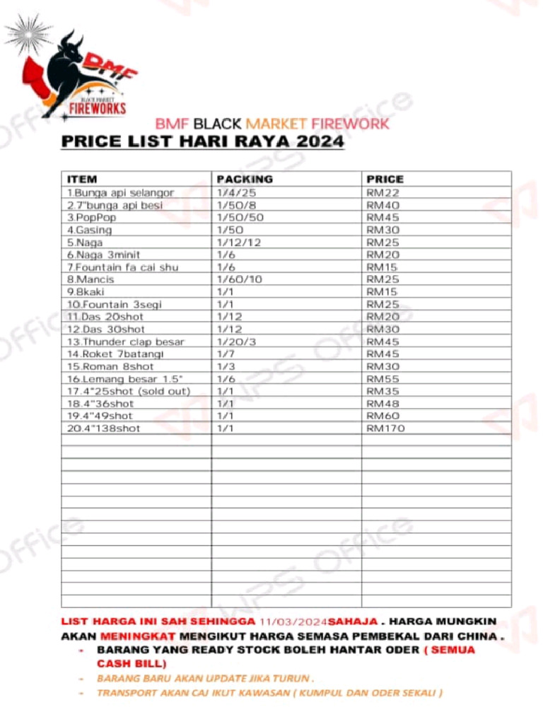 BMF Price List Raya-2024 | PDF