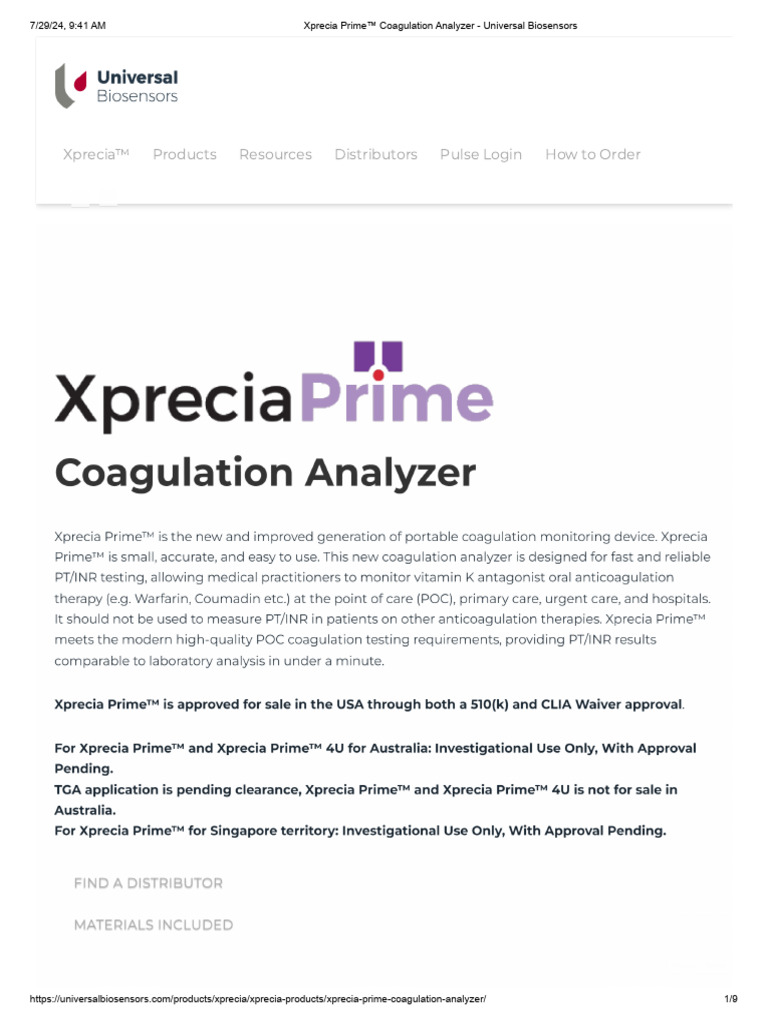 Xprecia Prime™ Coagulation Analyzer - Universal Biosensors | PDF
