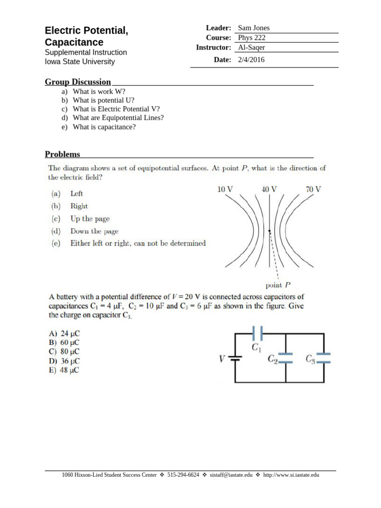 PHYS 222 Al-Saqer Samjones Session7 Potential Capacitance | PDF
