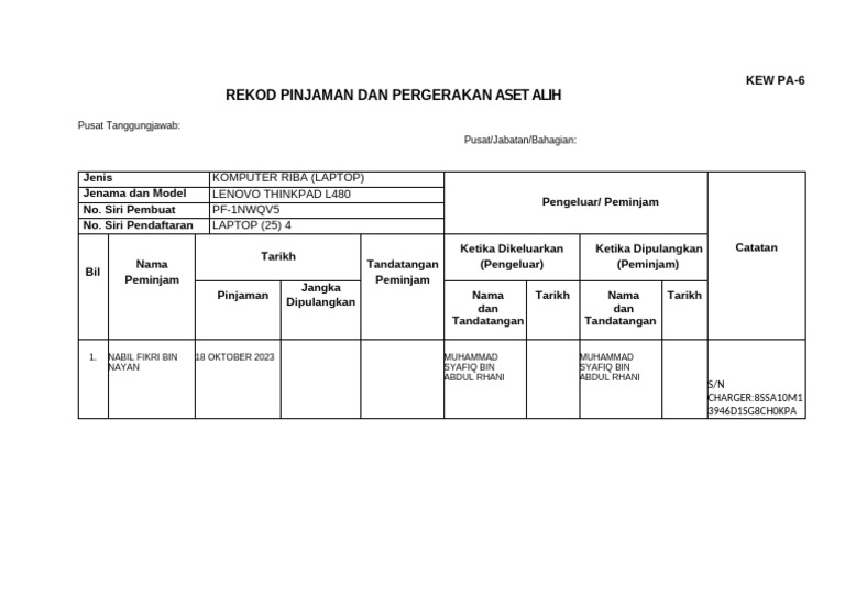 Kew Pa-6-Rekod Pinjaman Dan Pergerakan Aset Alih | PDF