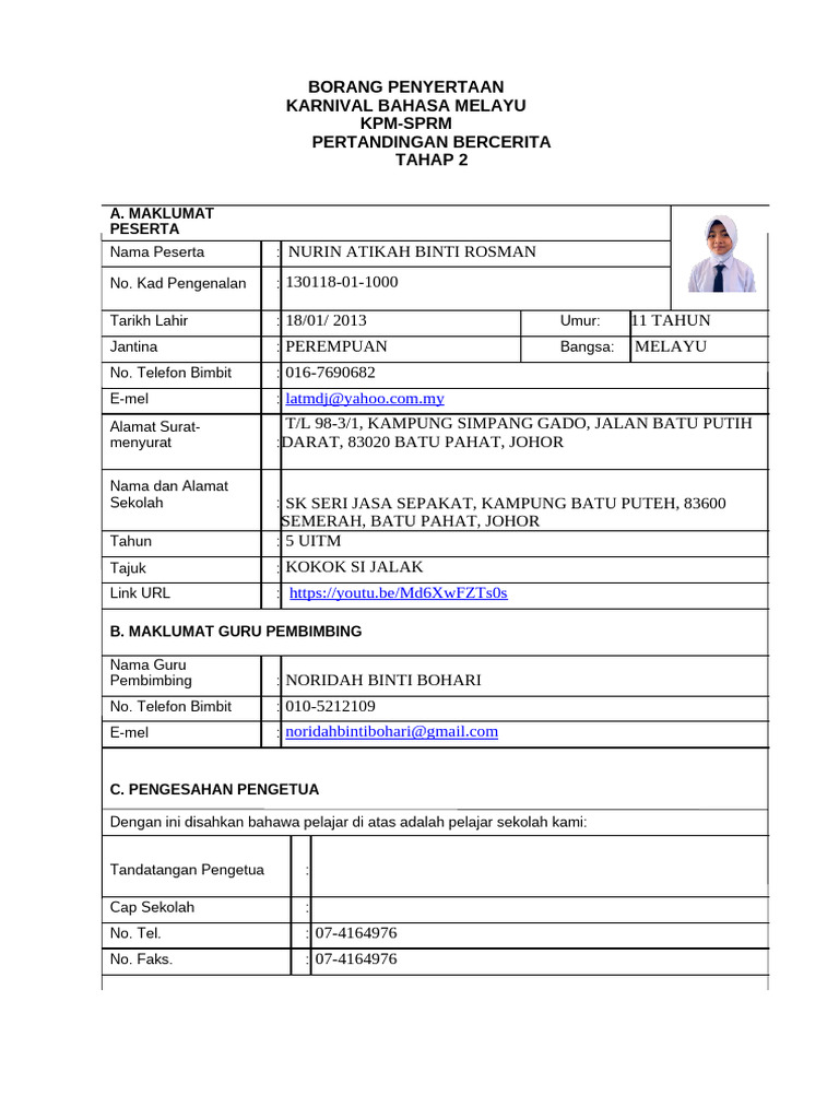 BORANG PENYERTAAN Bercerita | PDF