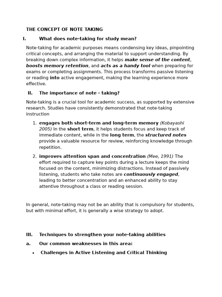 THE CONCEPT OF NOTE TAKING Presentation | PDF | Learning | Information