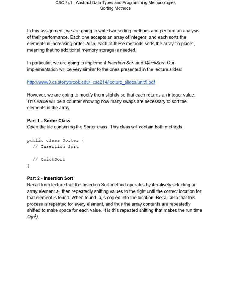 csc241.20S Sorting Methods Assignment | PDF | Computing | Applied Mathematics