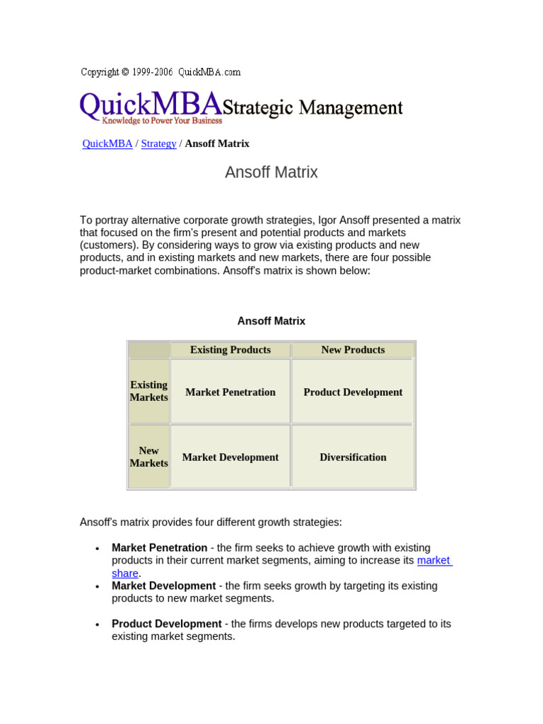 Ansof Matrix | PDF | Private Sector | Economies