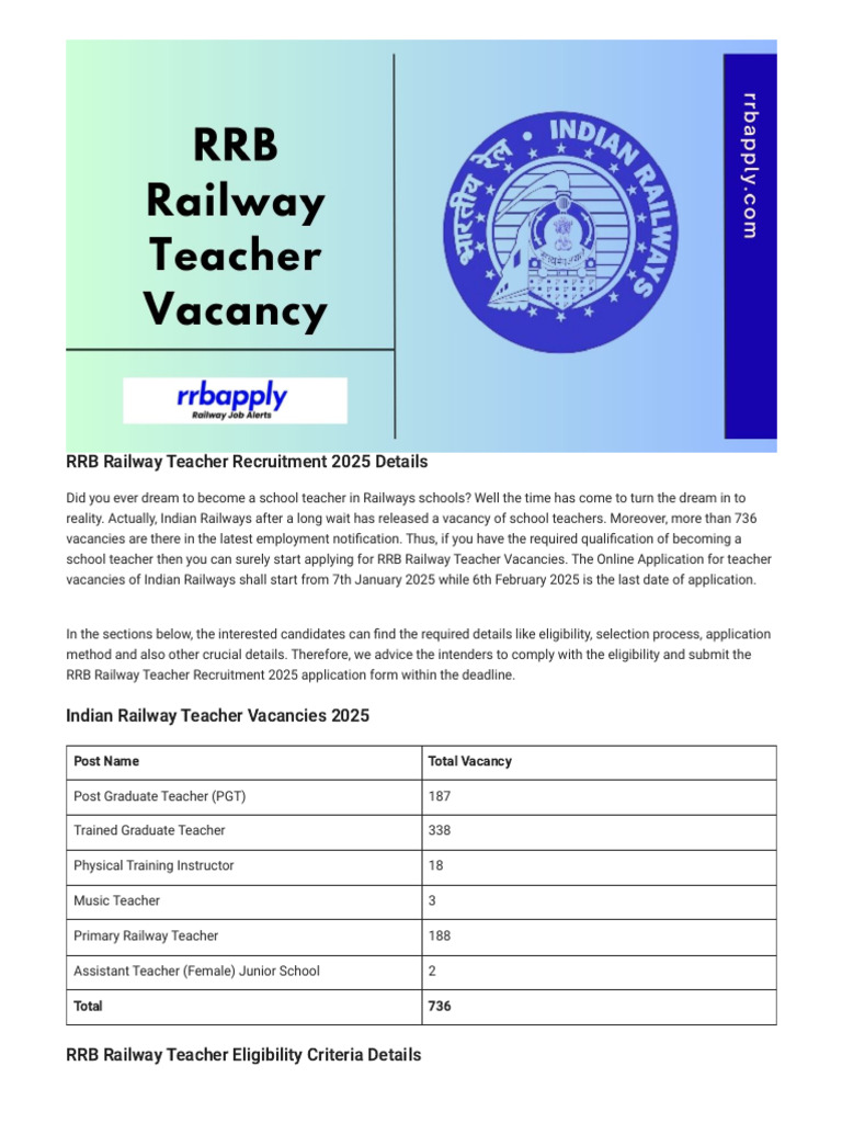 RRB Railway Teacher Recruitmet | PDF