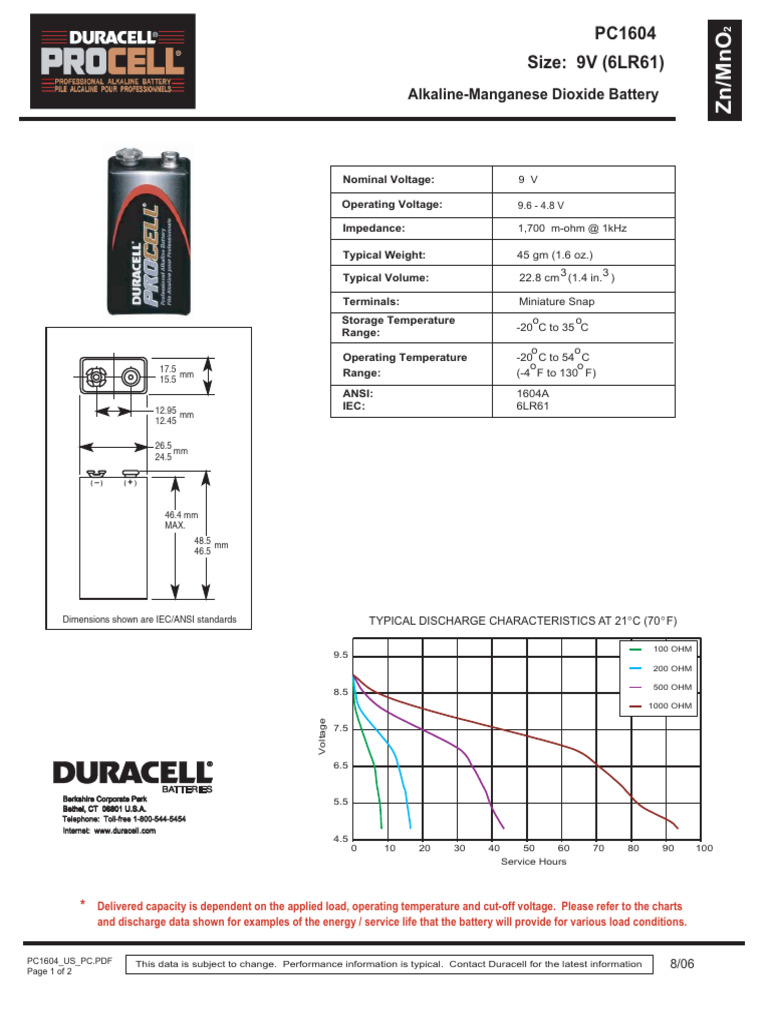 Duracell PC1604 9V | PDF | Energy Storage | Electromagnetism
