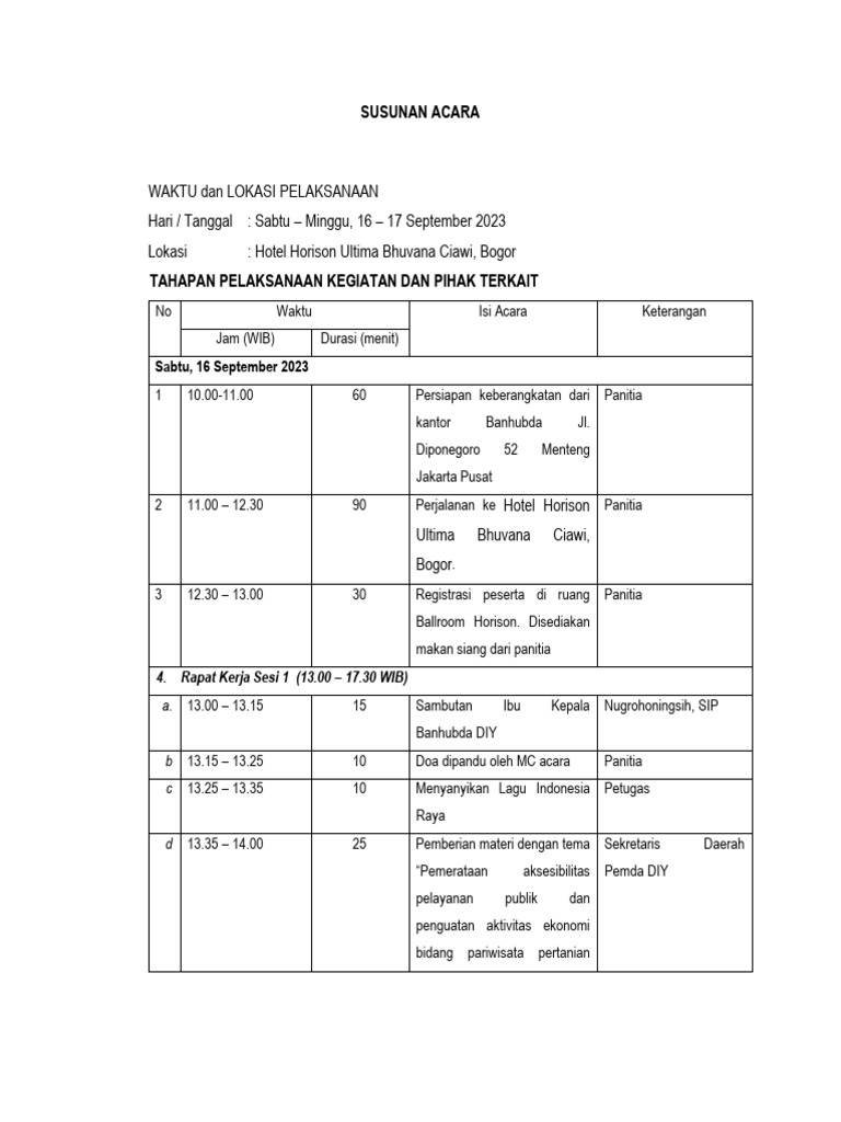 Susunan Acara Raker Forkom Diaspora Yogyakarta Tahun 2023 untuk Peserta | PDF