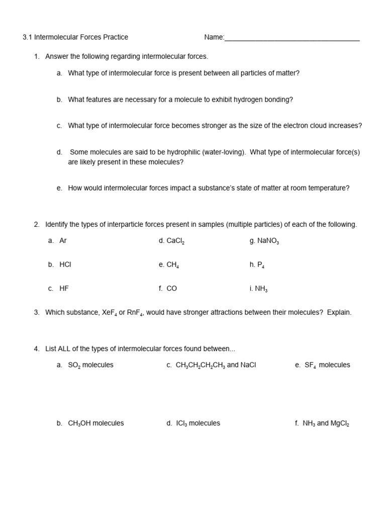 Intermolecular Forces Worksheet | PDF | Chemical Polarity ...