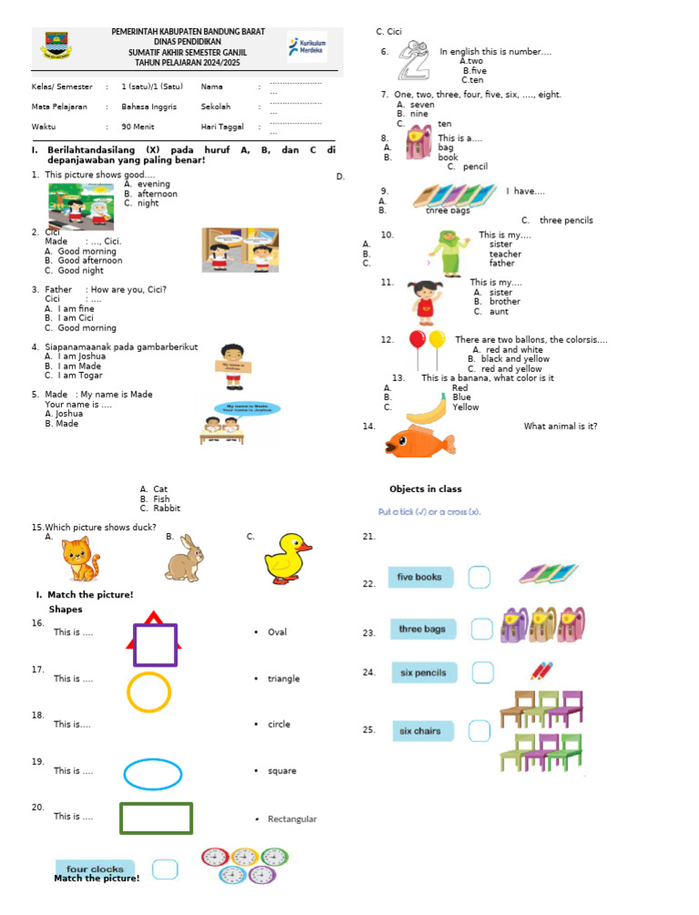 MASTER SOAL B. INGGRIS KELAS 1 SAS 2024 Edit Bu Irma | PDF
