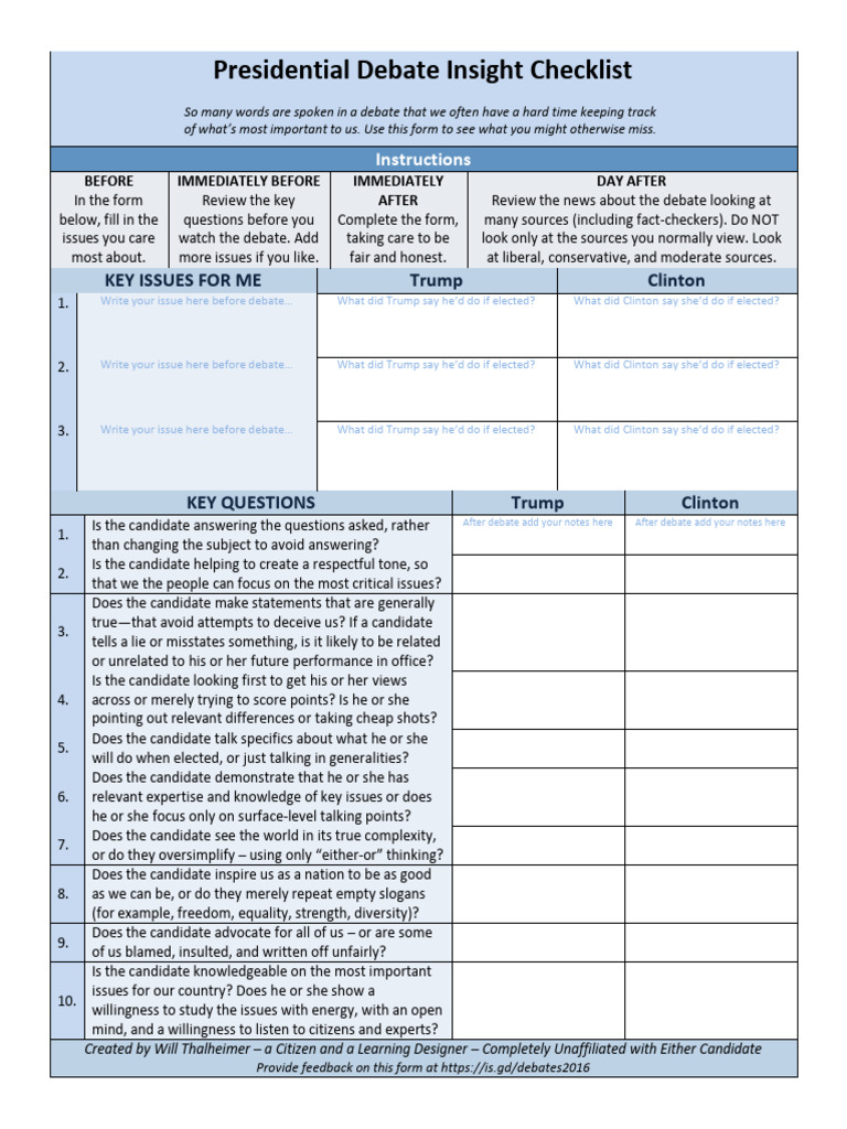 USA 2016 Debates Checklist | PDF | Bill Clinton | American Government