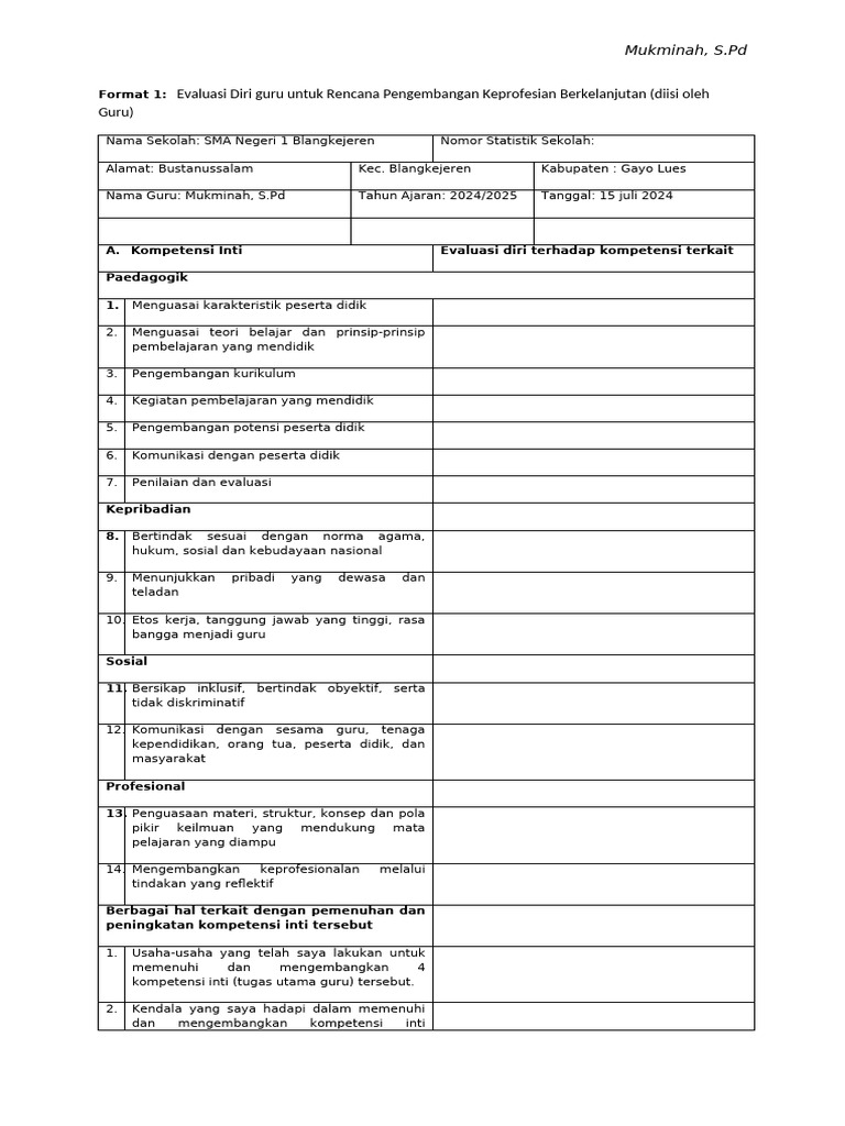 Daftar Evaluasi Diri Kerja Guru | PDF