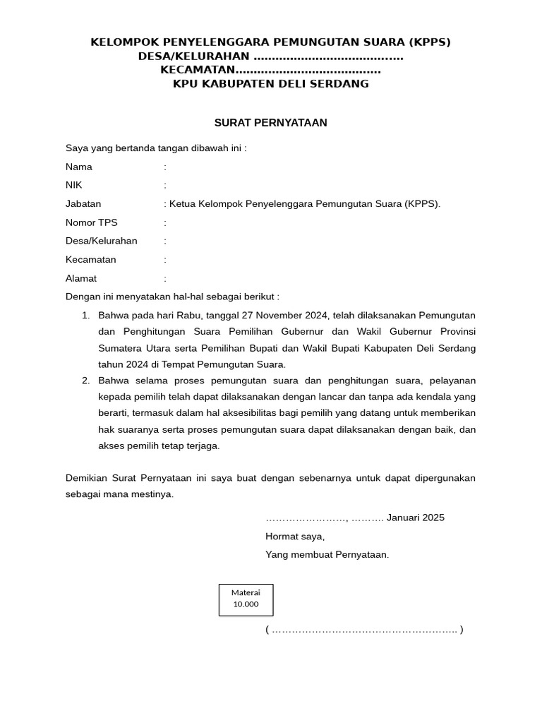 Surat Pernyataan KPPS - Edit | PDF