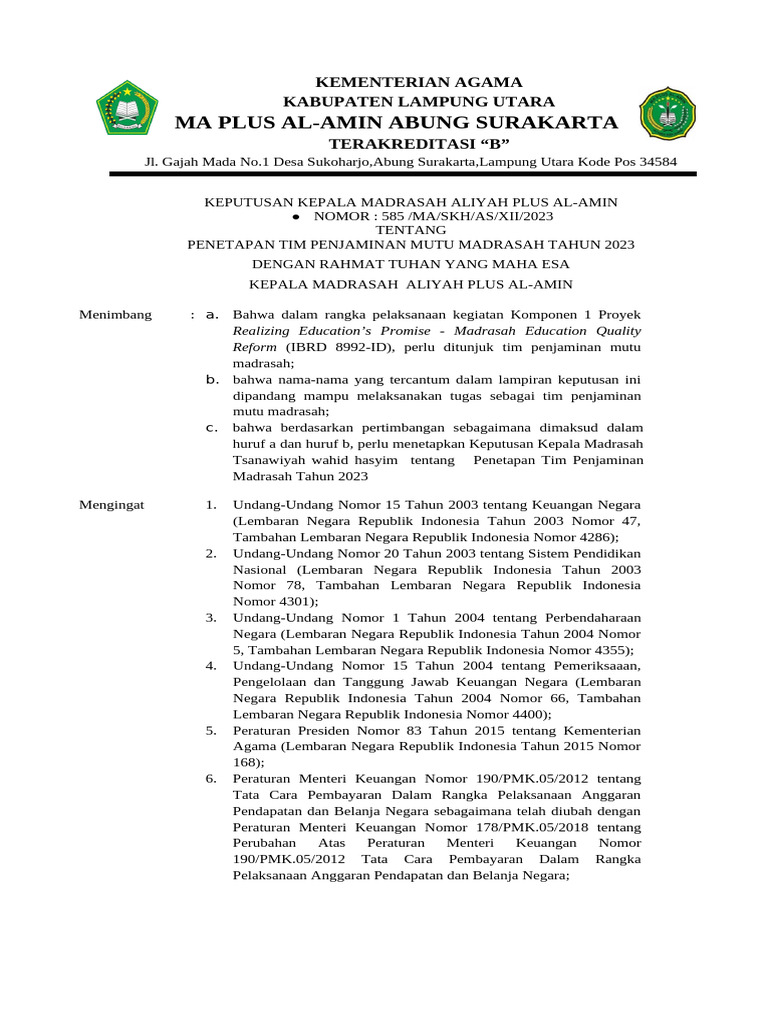 Contoh SK Tim Penjaminan Mutu | PDF