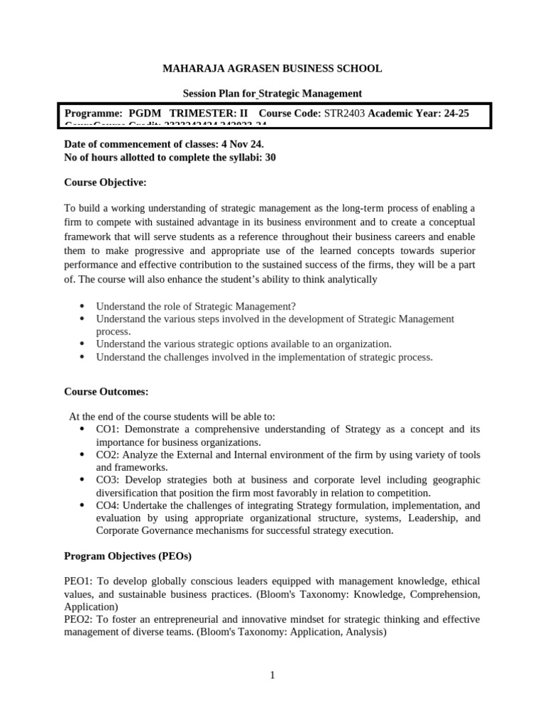 Strategic Management Teaching Plan-1 | PDF | Strategic Management | Marketing