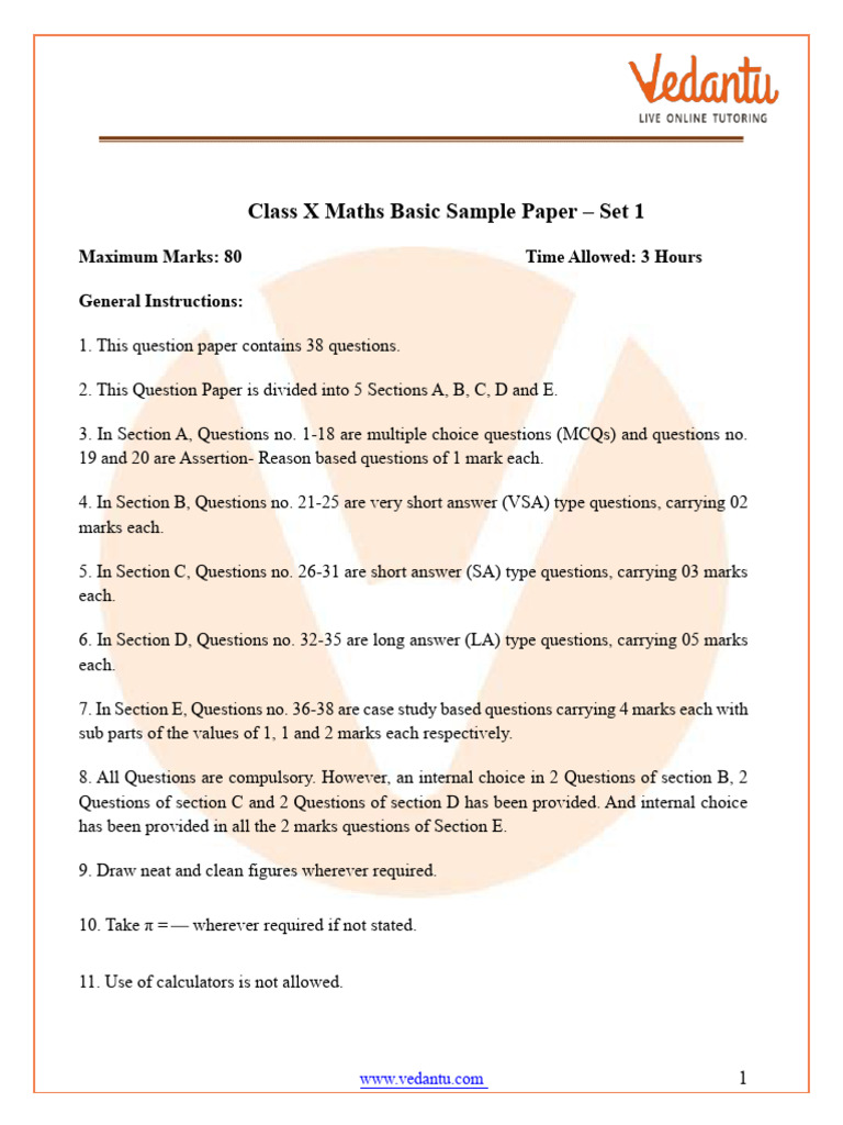 CBSE Class 10 Maths Basic Sample Paper Set 1 FREE PDF Download | PDF ...